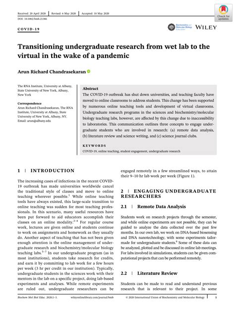 Pdf Transitioning Undergraduate Research From Wet Lab To The Virtual