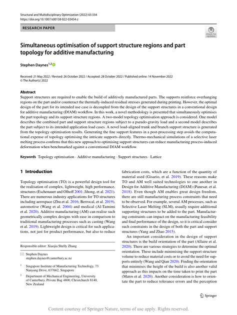 Pdf Simultaneous Optimisation Of Support Structure Regions And Part Topology For Additive