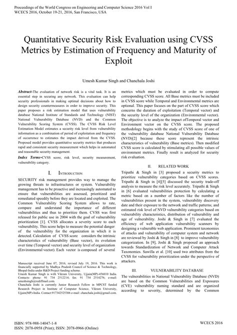 Pdf Singh Umesh Kumar And Joshi C Quantitative Security Risk Evaluation Using Cvss Metrics By