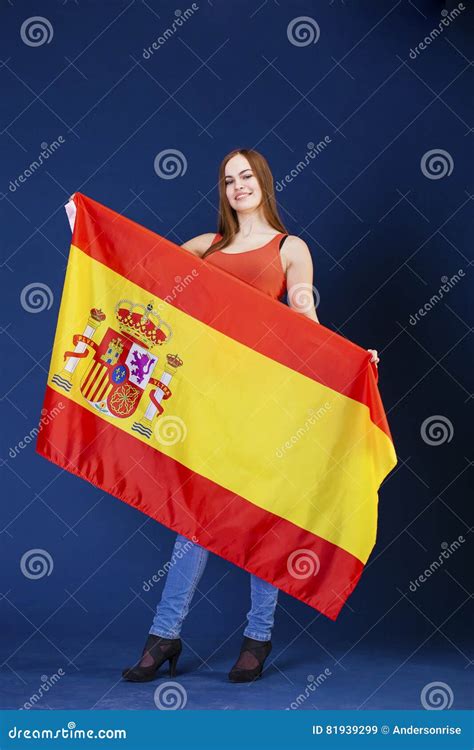 Young Woman Holding A Large Spanish Flag Stock Image Image Of Beauty