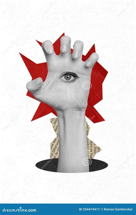 Vertical Poster Collage Of Ladys Hand With Eye Black And White Isolated