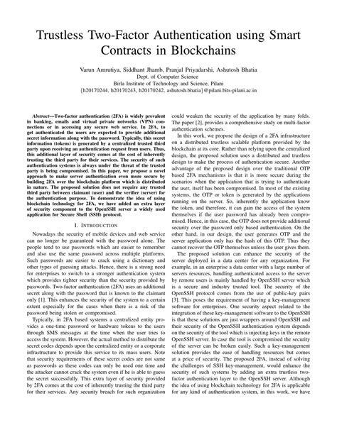 Pdf Trustless Two Factor Authentication Using Smart Contracts In Blockchains