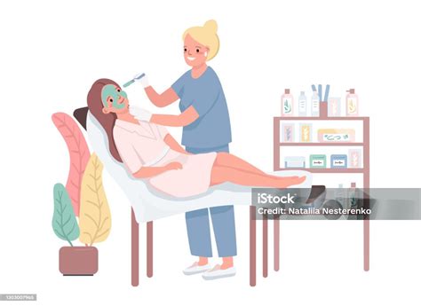 스파는 플랫 컬러 벡터 문자를 방문합니다 녹색 마스크를 적용 여성 미용사 얼굴 미용 치료를 받고 젊은 여자 스킨 케어 절차 뷰티 살롱 고립 만화 일러스트레이션 미용사에 대한
