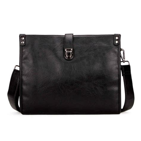 Solid Black Snap Fastened Leather Shoulder Bag For Men Wanahavit