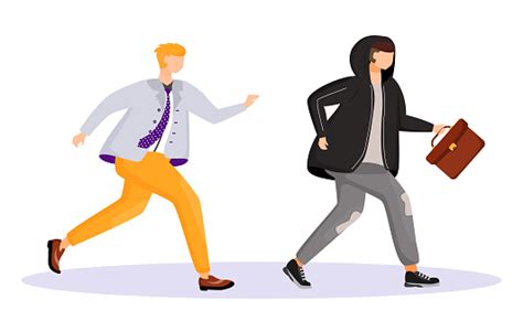 거리 도난 플랫 컬러 벡터 얼굴없는 문자 도둑 은 남자 서류 가방을 훔치는 강도 후 실행 남자 중죄 강도 재산 범죄 고립 된 만화 일러스트레이션 2차 도형에 대한 스톡 벡터