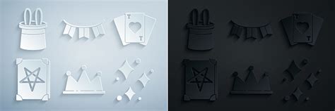 세트 크라운 카드 놀이 고대 마술책 마법의 반짝이 카니발 화환 플래그와 마술사 모자 토끼 귀 아이콘스파클 별 벡터 3차원 형태에 대한 스톡 벡터 아트 및 기타 이미지