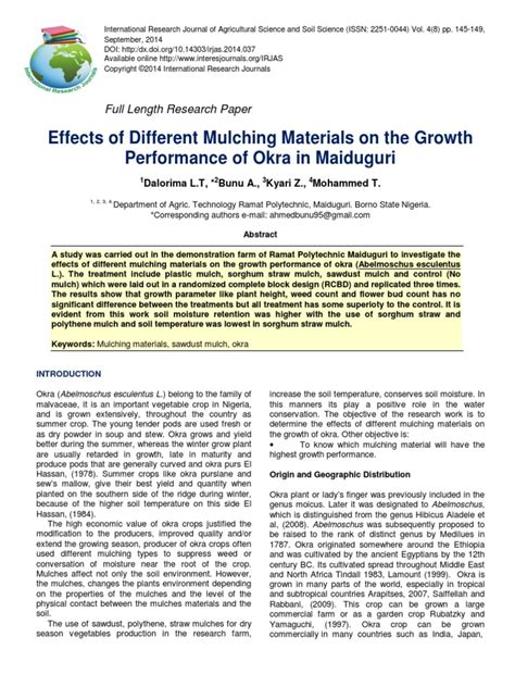 Effects Of Different Mulching Materials On The Growth Performance Of Okra In Maiduguri Pdf