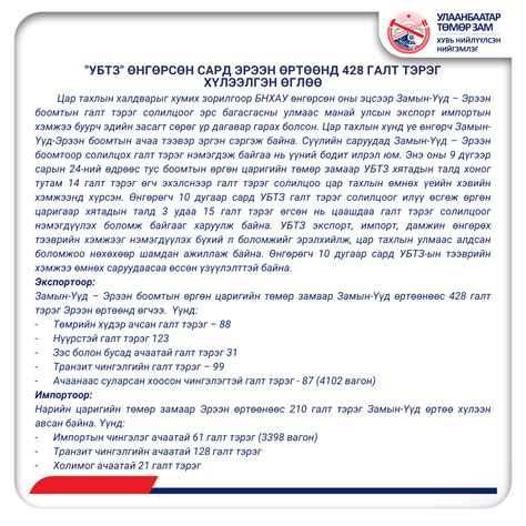 Өнгөрсөн сард Замын Үүд өртөөнөөс экспортын ачаатай 428 галт тэрэг