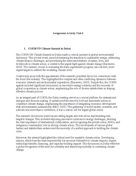Engl 1102 Assignment Activity Unit 6 Assignment Activity Unit 6 Cop28 Un Climate Summit In