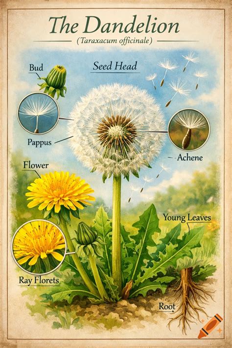 Detailed Botanical Illustration Of A Dandelion Showing Its Flower