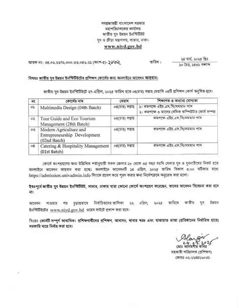 Youth Training Information Bangladesh জাতীয় যুব উন্নয়ন ইনস্টিটিউটে ২৭ এপ্রিল ২০২৫ তারিখ হতে