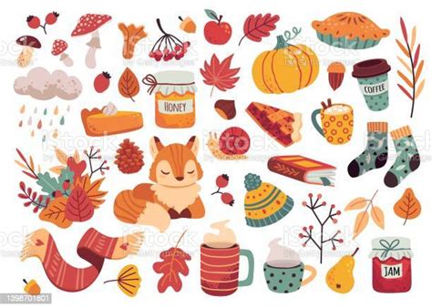 가을 요소 스티커 여우 모자 스카프 양말 버섯 및 나뭇잎이있는 아늑한 가을 아이콘 잼 커피 호박 파이 벡터 세트 가을에 대한 스톡 벡터 아트 및 기타 이미지 Istock