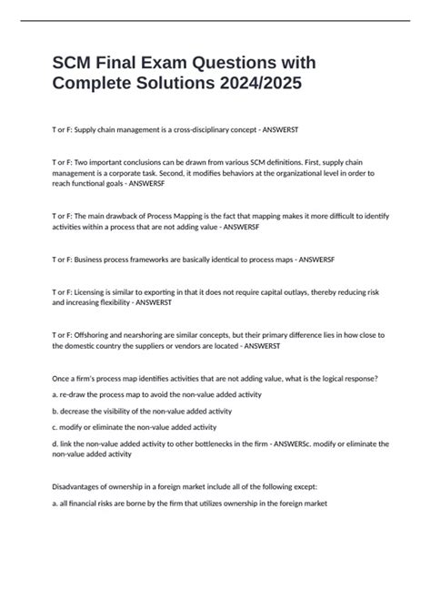 SCM Final Exam Questions With Complete Solutions 2024 2025 SCM Stuvia US