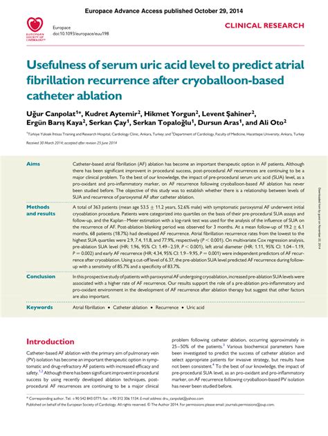 Pdf Usefulness Of Serum Uric Acid Level To Predict Atrial Fibrillation Recurrence After