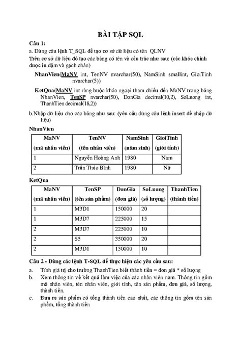 Btl Sql Luyện Tập Bài Tập Sql BÀi TẬp Sql Câu 1 A Dùng Câu Lệnh Tsql để Tạo Cơ Sở Dữ Liệu