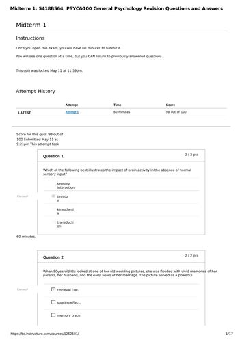 midterm 1 5418b564 ­ psycand100 general psychology revision questions and answers teaching