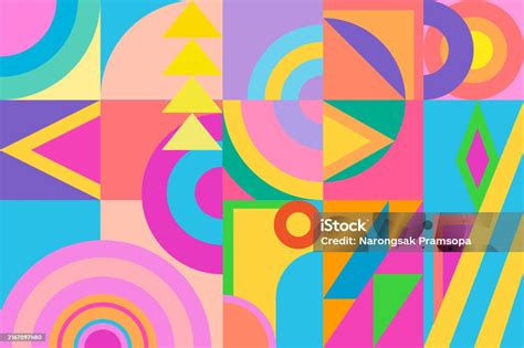 다양한 모양으로 구성된 생생한 추상적 기하학적 패턴 디자인에는 원 삼각형 직사각형 및 분홍색 파란색 노란색 녹색 및 보라색과 같은 밝고 생생한 색상이 포함됩니다 과거에 대한