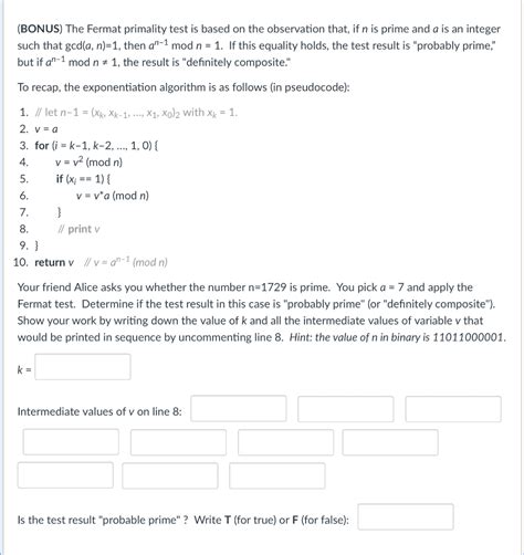Solved Bonus The Fermat Primality Test Is Based On The