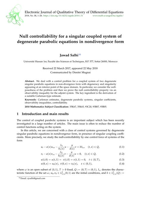 Pdf Null Controllability For A Coupled System Of Degenerate Singular Parabolic Equations In