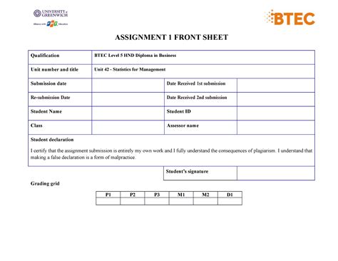 1 Assignment 01 Fronsheet Assignment 1 Front Sheet Qualification Btec