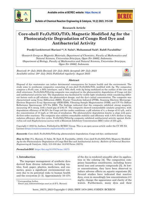 Pdf Core Shell Fe3o4 Sio2 Tio2 Magnetic Modified Ag For The Photocatalytic Degradation Of