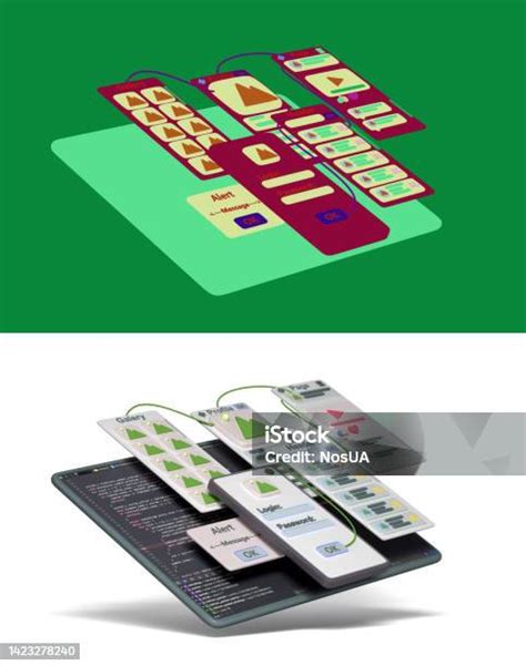 응용 프로그램 개발 주위에 화면이있는 모바일 소프트웨어 개발 개념 Smatrphone 알파와 흰색에 3d 렌더링 3차원 형태에 대한 스톡 사진 및 기타 이미지 Istock