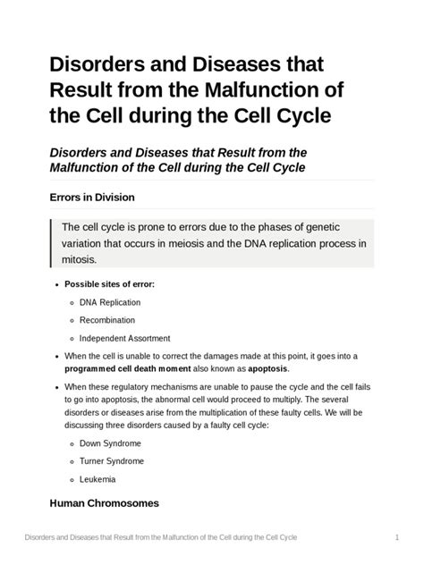 Disorders And Diseases That Result From The Malfunction Of The Cell