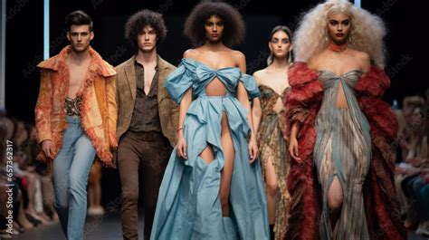 Inclusive Catwalk Models Of Diverse Body Types And Genders Walk Together Stock Illustration