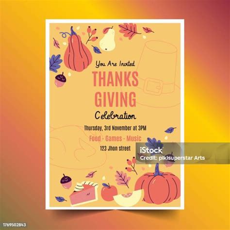 손으로 그린 추수 감사절 전단지 초대장 디자인 벡터 일러스트 레이 션 10월에 대한 스톡 벡터 아트 및 기타 이미지 10월 3차원 형태 가득 찬 Istock