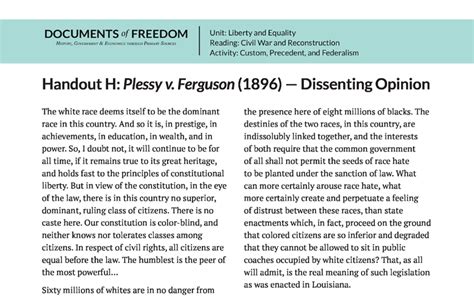 handout h plessy v ferguson 1896 — dissenting opinion bill of rights institute