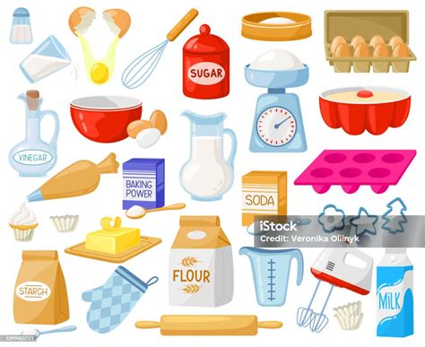 만화 베이킹 재료 베이커리 재료 베이킹 밀가루 계란 버터 및 우유 벡터 일러스트 레이션 세트 요리 재료를 준비하는 페이스트리 오븐에 굽기에 대한 스톡 벡터 아트 및 기타