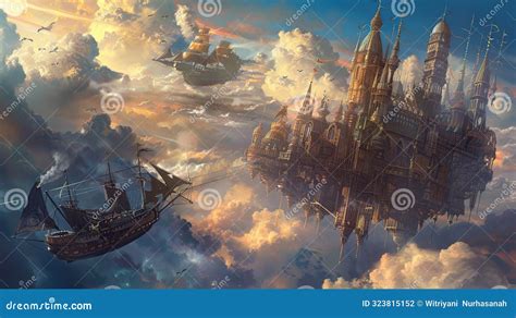 A Floating City And Ships In The Clouds Stock Illustration