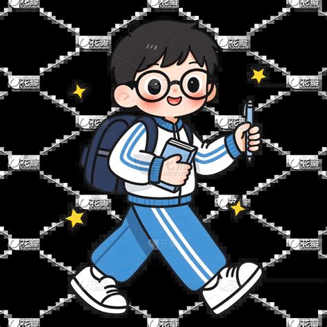 教育系列卡通感手绘穿校服男孩拿着纸笔行走元素素材 花瓣网