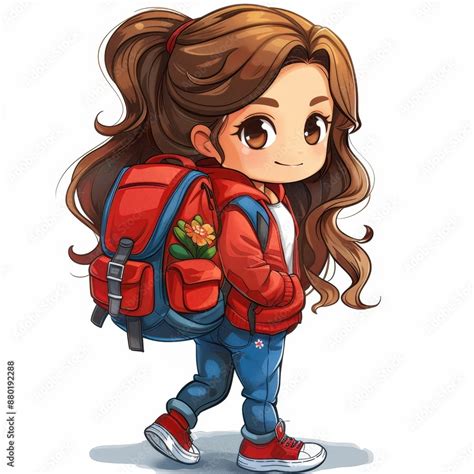 Cute Chibi Girl With A Red Backpack Wearing A Red Jacket And Jeans