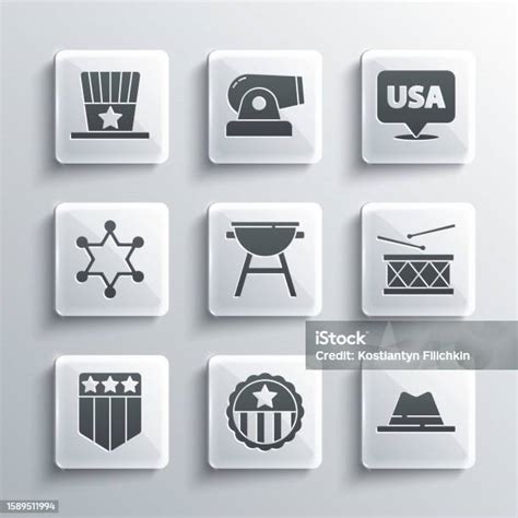 별 남자 모자 리본 드럼 및 드럼 스틱 바베큐 그릴 방패 별 육각형 보안관 애국적인 미국 상단 및 미국 독립 기념일 아이콘으로 메달을 설정하십시오 벡터 0명에 대한 스톡