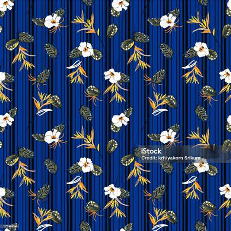 화려하고 신선한 원활한 손으로 그린 열대 야자수 잎 낙원의 새와 식물 숲 단풍과 히비커스 꽃 그림 현대적이고 새로운 그래픽 직물 패션 및 모든 인쇄를위한 디자인 0명에 대한