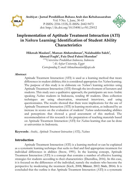 Pdf Implementation Of Aptitude Treatment Interaction Ati In Nahwu Learning Identification