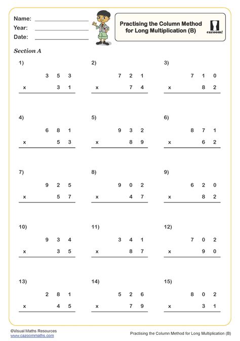 Practising The Column Method For Long Multiplication B Worksheet Pdf Printable Number Worksheets