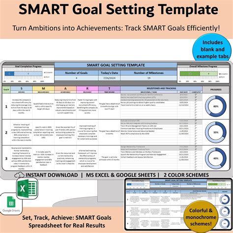 Smart Goal Setting Template Objectives Tracking Spreadsheet Excel Digital Planner Hr Small