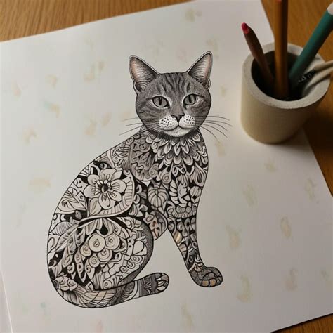 A Drawing Of A Cat With A Floral Pattern On It Premium Ai Generated Image