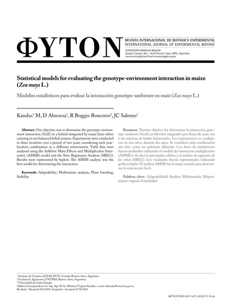 Pdf Statistical Models For Evaluating The Genotype Environment Interaction In Maize Zea Mays L