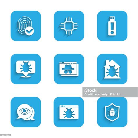 브라우저 시크릿 윈도우 시스템 버그 하우스 시스템 눈 스캔 Usb 플래시 드라이브 및 지문 아이콘을 설정합니다 벡터 Usb 케이블에 대한 스톡 벡터 아트 및 기타 이미지