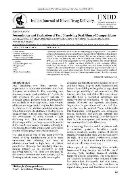 Formulation And Evaluation Of Fast Dissolving Oral Films Of Domperidone