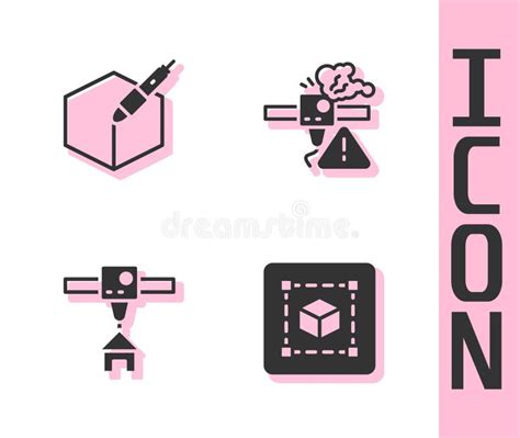 Set Geometric Figure Cube 3d Pen Tool 3d Printer House And Warning Icon Vector Stock