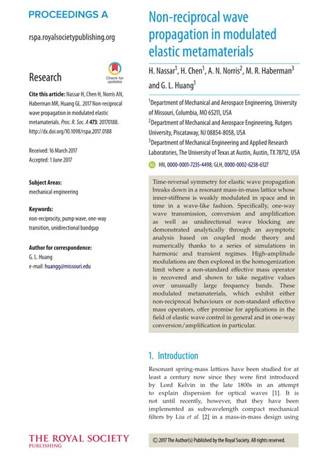 Pdf Non Reciprocal Wave Propagation In Modulated Elastic Metamaterials