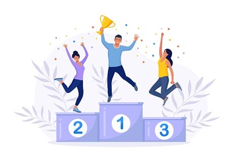 수상과 함께 수상 시상대에 서있는 행복한 사업가 남자는 황금 트로피 컵보상을 받습니다 팀워크 성공적인 경력 목표 성취 메달 수상대에 대한 스톡 벡터 아트 및 기타 이미지