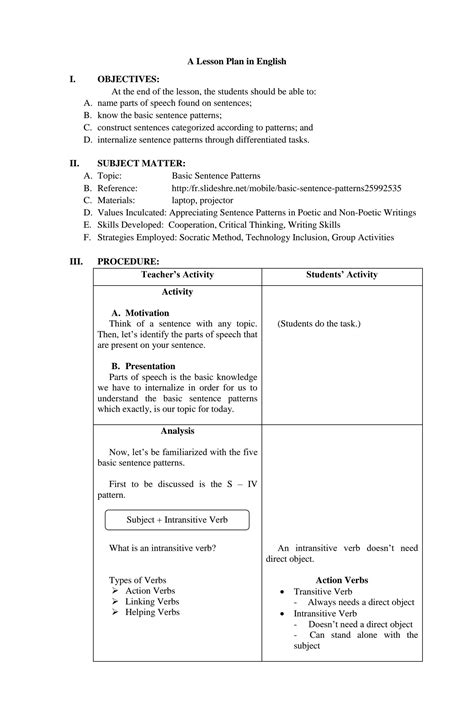 Solution Lesson Plan In Basic Sentence Patterns Studypool