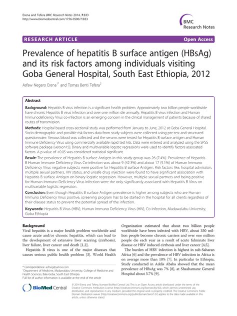 Pdf Prevalence Of Hepatitis B Surface Antigen Hbsag And Its Risk