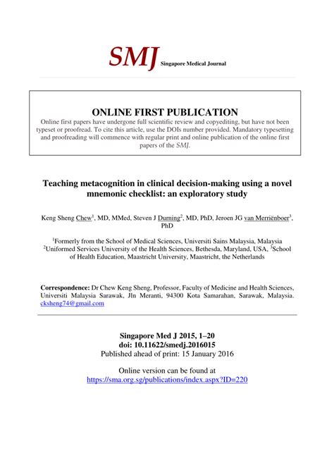 Pdf Teaching Metacognition In Clinical Decision Making Using A Novel Mnemonic Checklist An