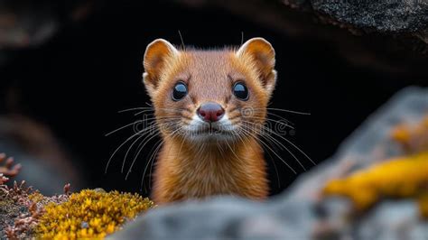 Cute Stoat Looking Through Rocks Generative Ai Stock Illustration